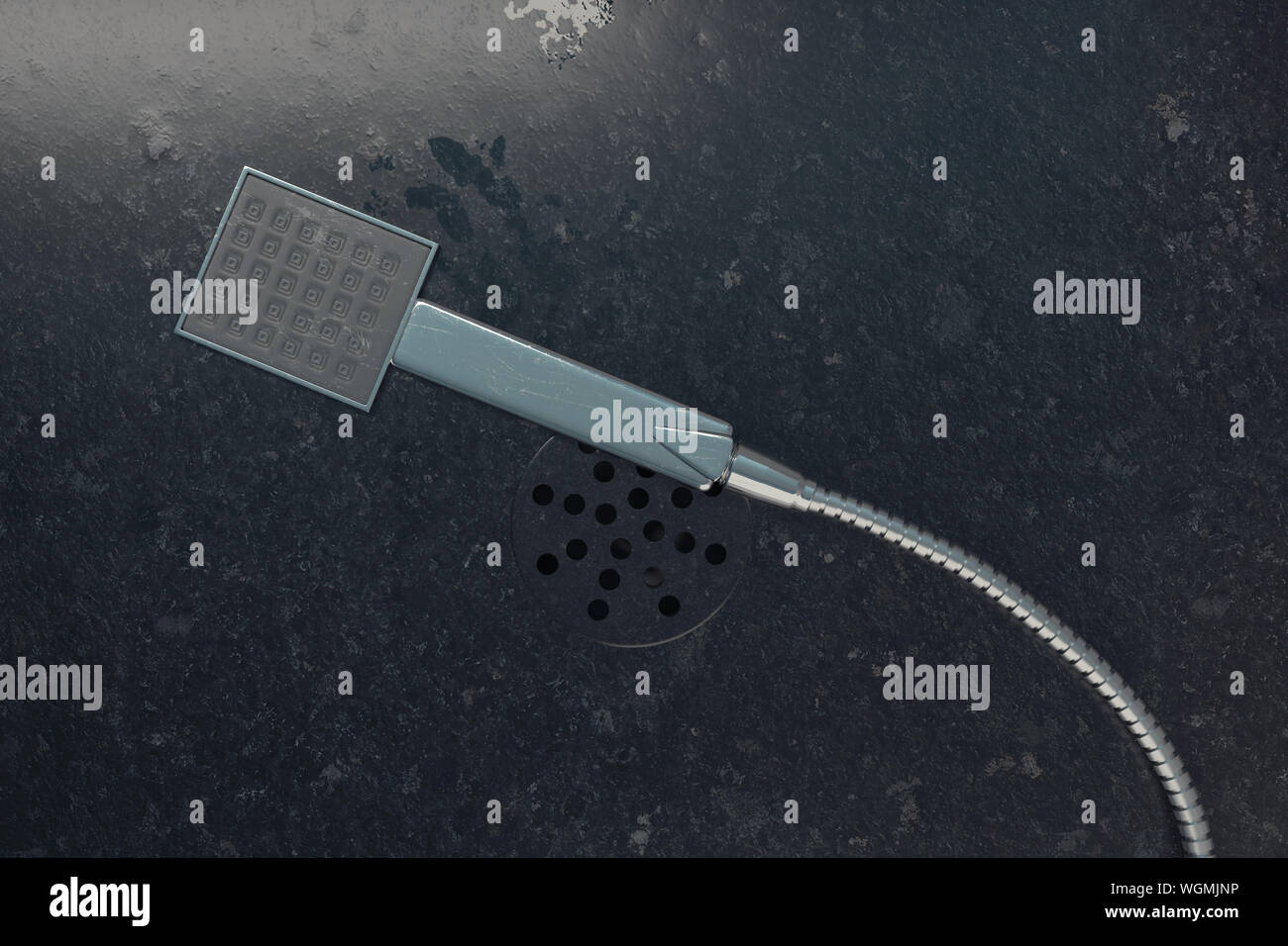 3d rendering of shower head laying on natural stone floor and gutter in ...