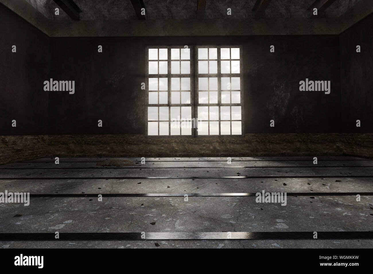 3d rendering of abandoned grunge hall with rusty metal beams and Stock ...