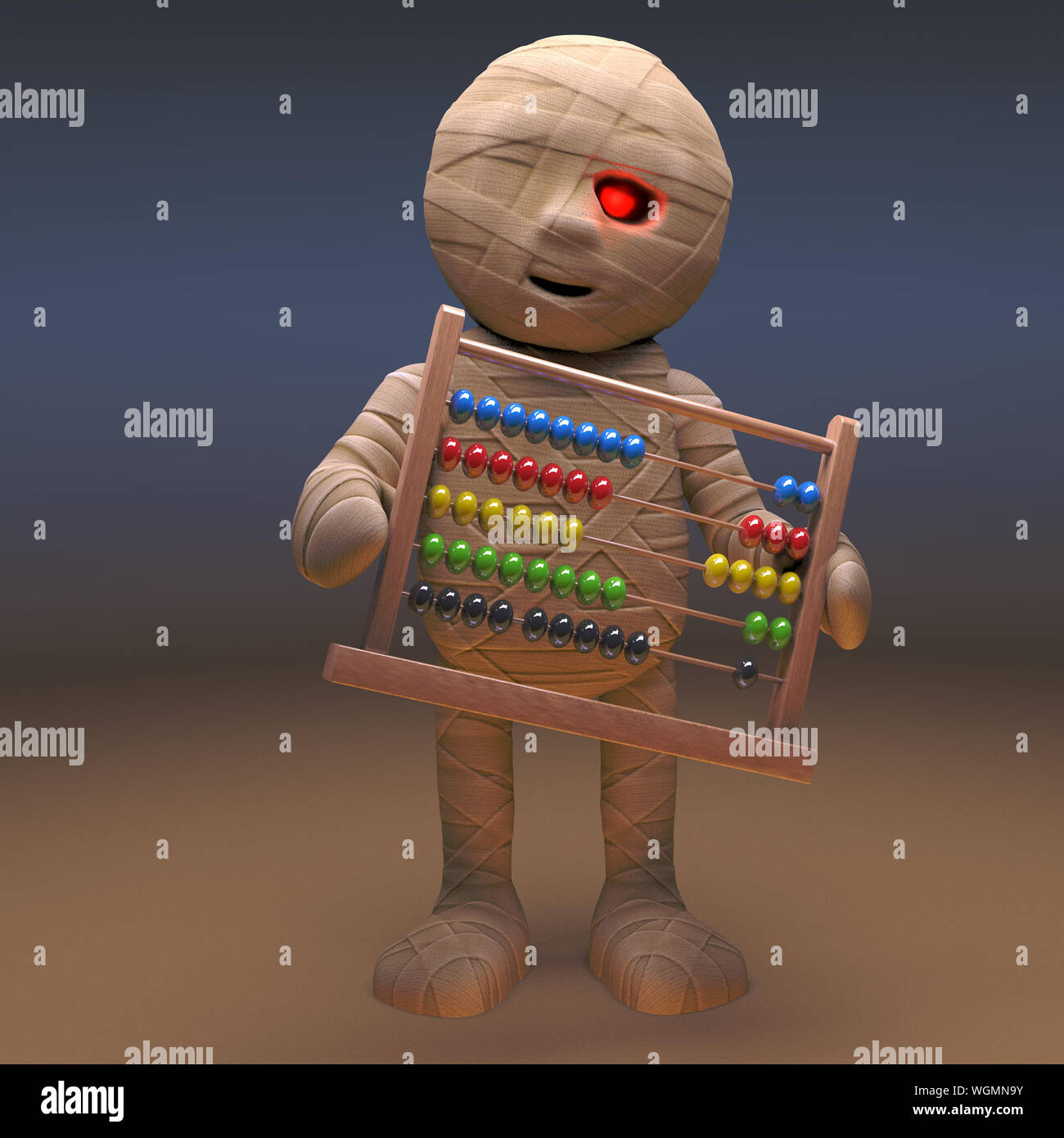Undead Egyptian mummy monster holding an abacus, 3d illustration render ...