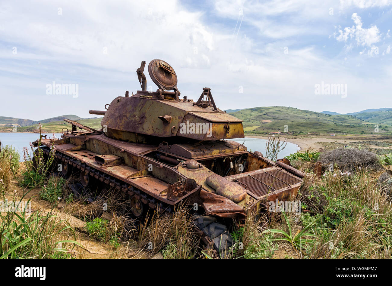 Abandoned old rusty tank on the dunes of Lemnos island, Greece Stock ...