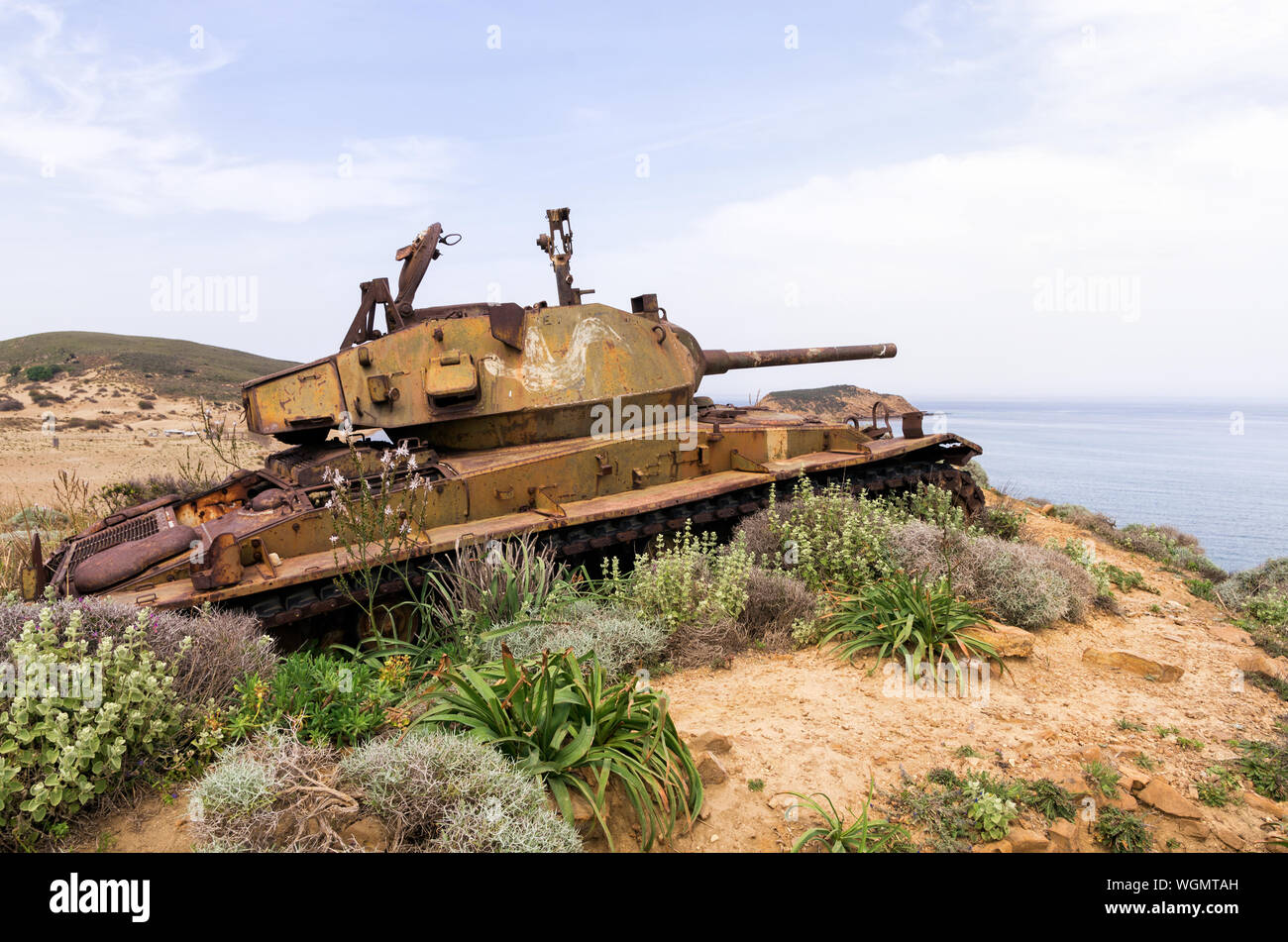Abandoned old rusty tank on the dunes of Lemnos island, Greece Stock ...