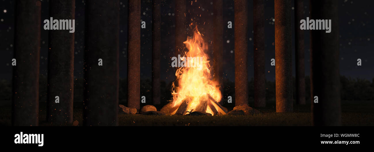 3d rendering of big bonfire with sparks and particles next to pine ...