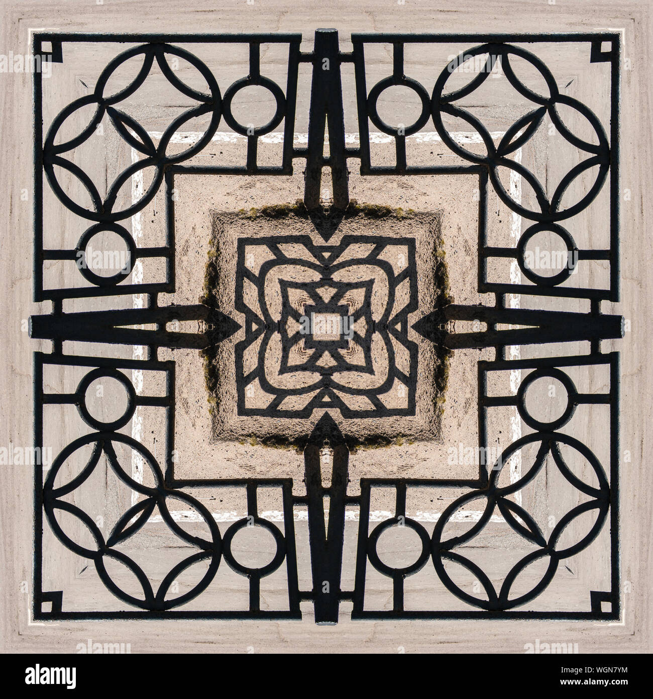Forged openwork iron fence - a pattern square from a photo. Background ...