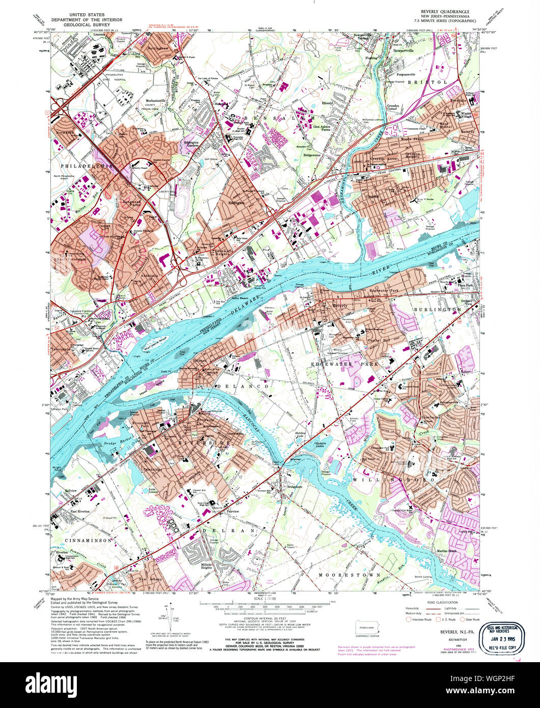 USGS TOPO Map New Jersey NJ Beverly 254136 1966 24000 Restoration Stock ...