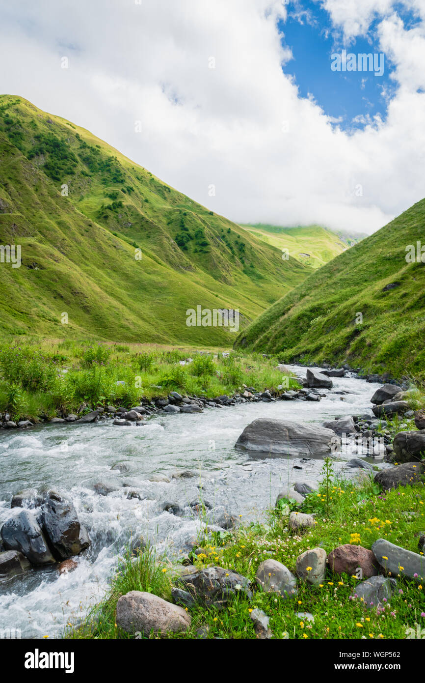 Mountain region landscape in Kazbegi, Georgia - Dramatic landscape of ...
