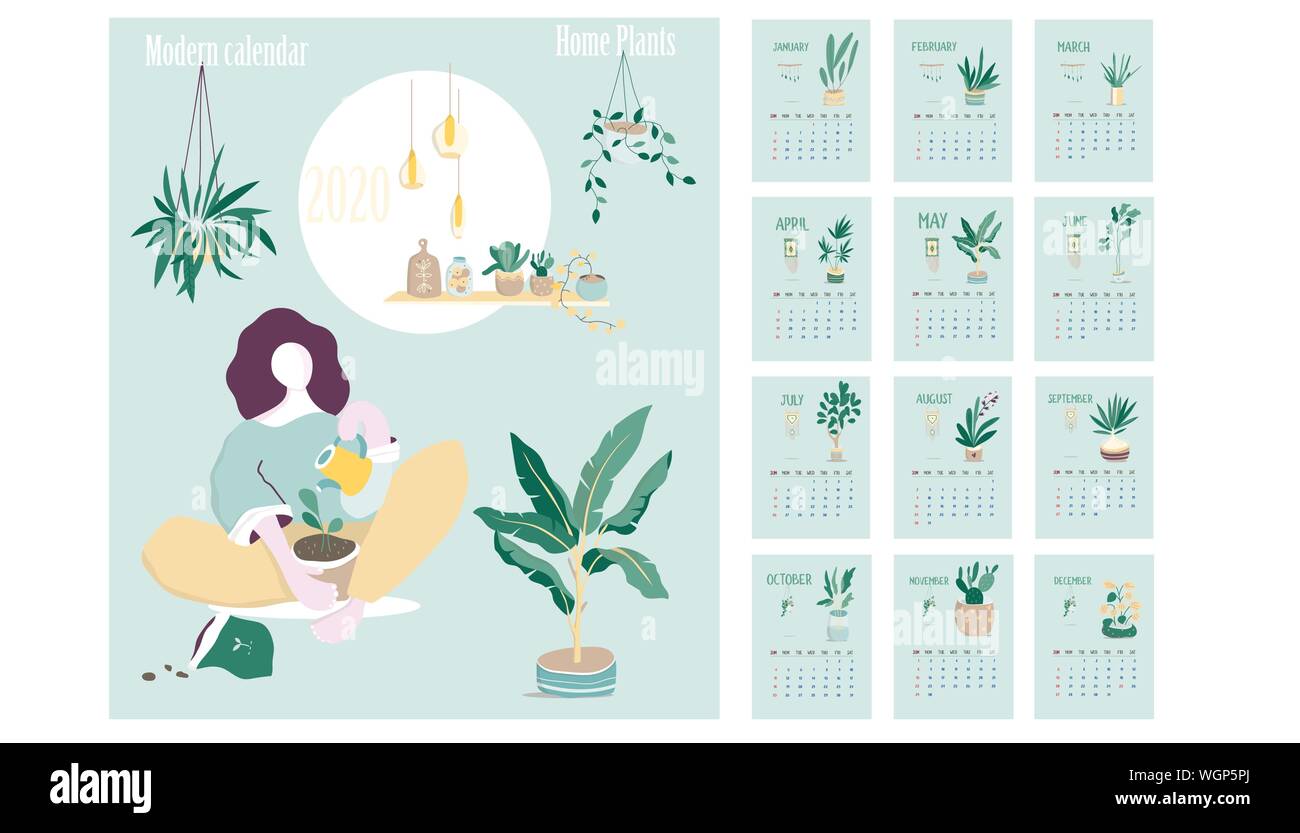 Calendar 2020. Calendar set with yoga woman sitting minimalistic ...