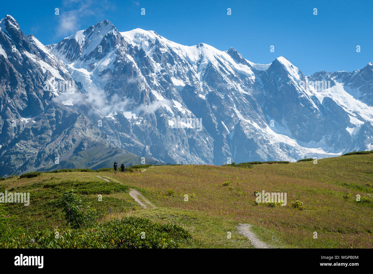 Svaneti landscape with glacier and snow-capped mountain in the back ...
