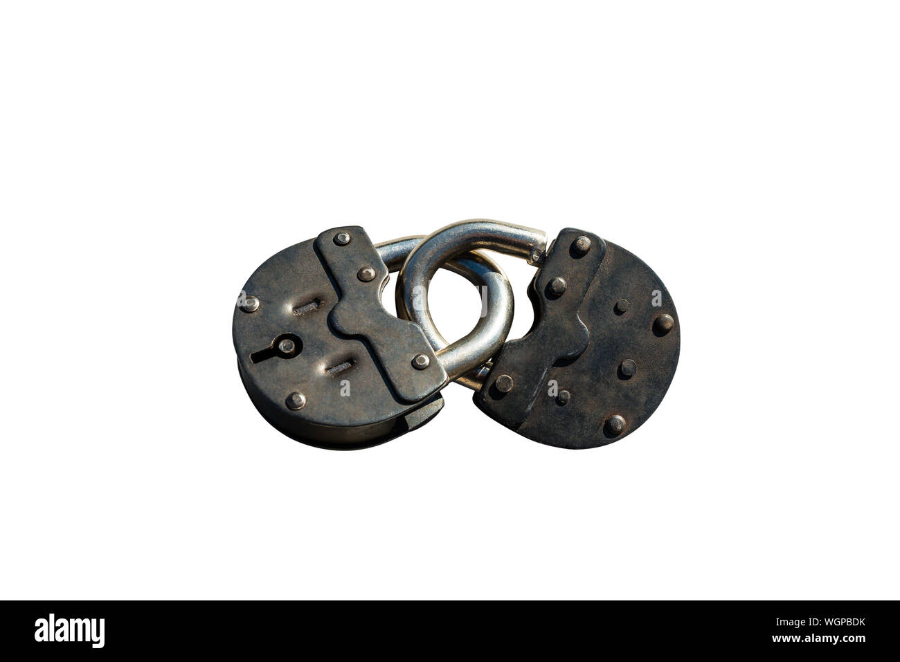 Two closed padlocks connected together, isolated on a white background ...