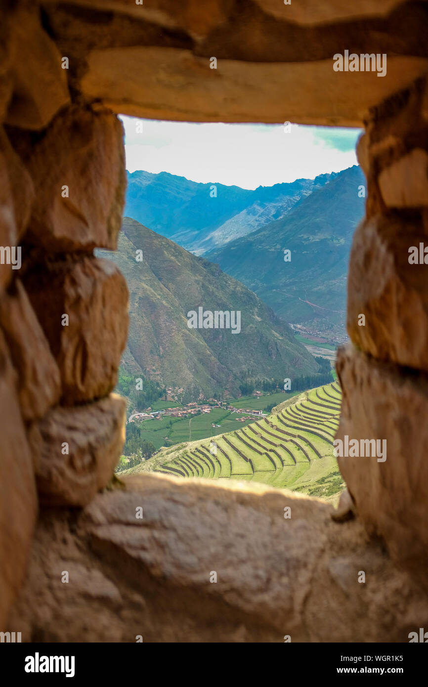 Agriculture Terraces Trough the Window of Ancient Incan Fort in The ...