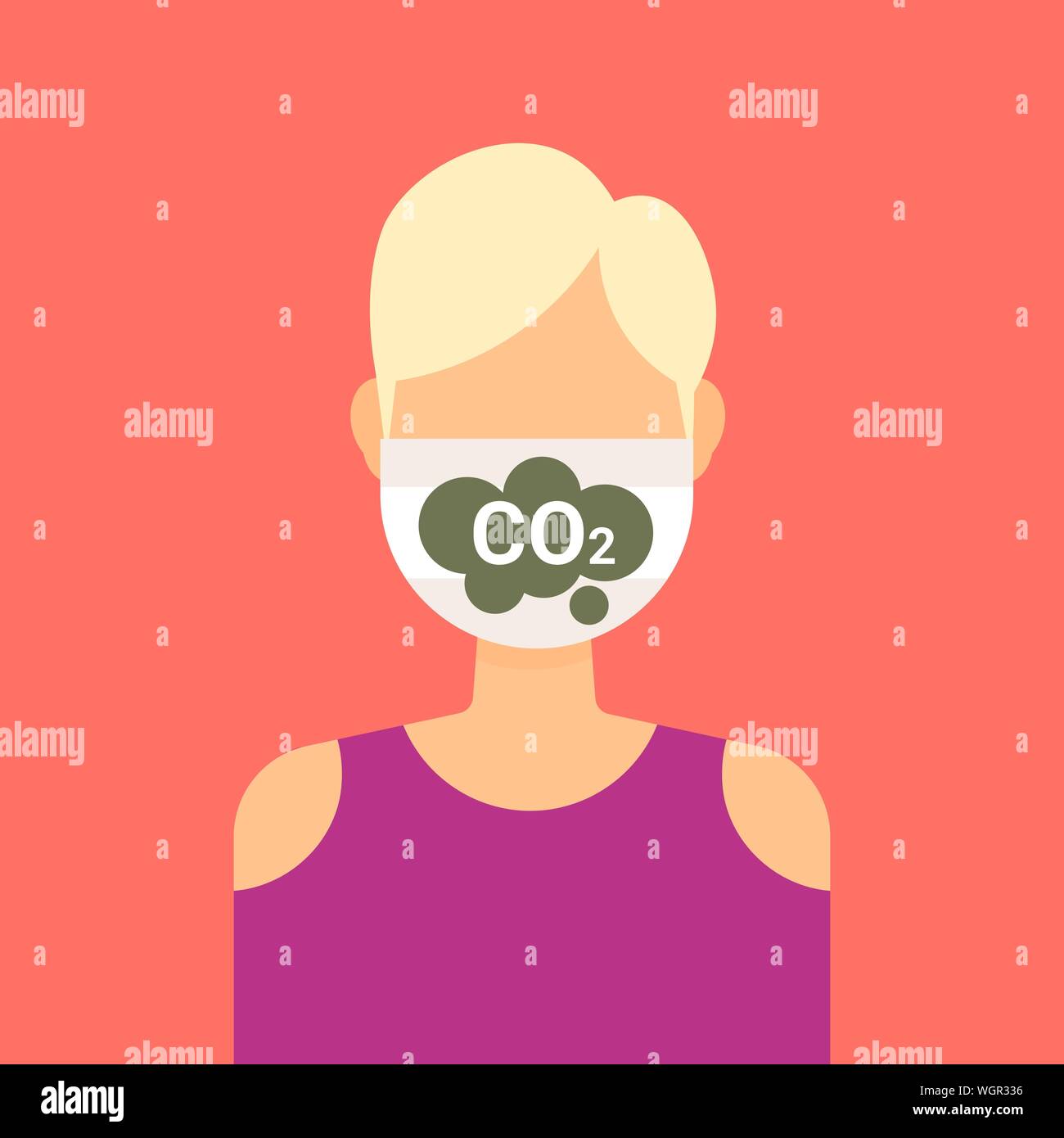 woman wearing protective face mask with CO2 icon crbon dioxide ...