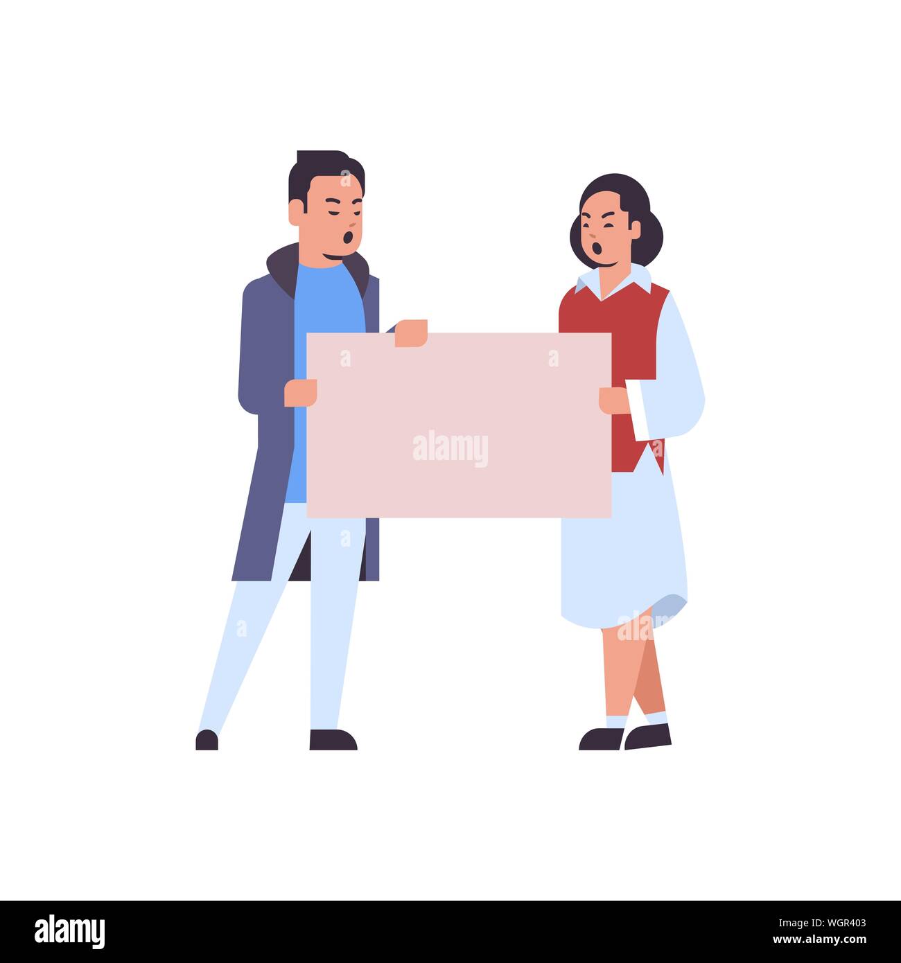 protesters couple holding blank placard man woman activists with empty ...