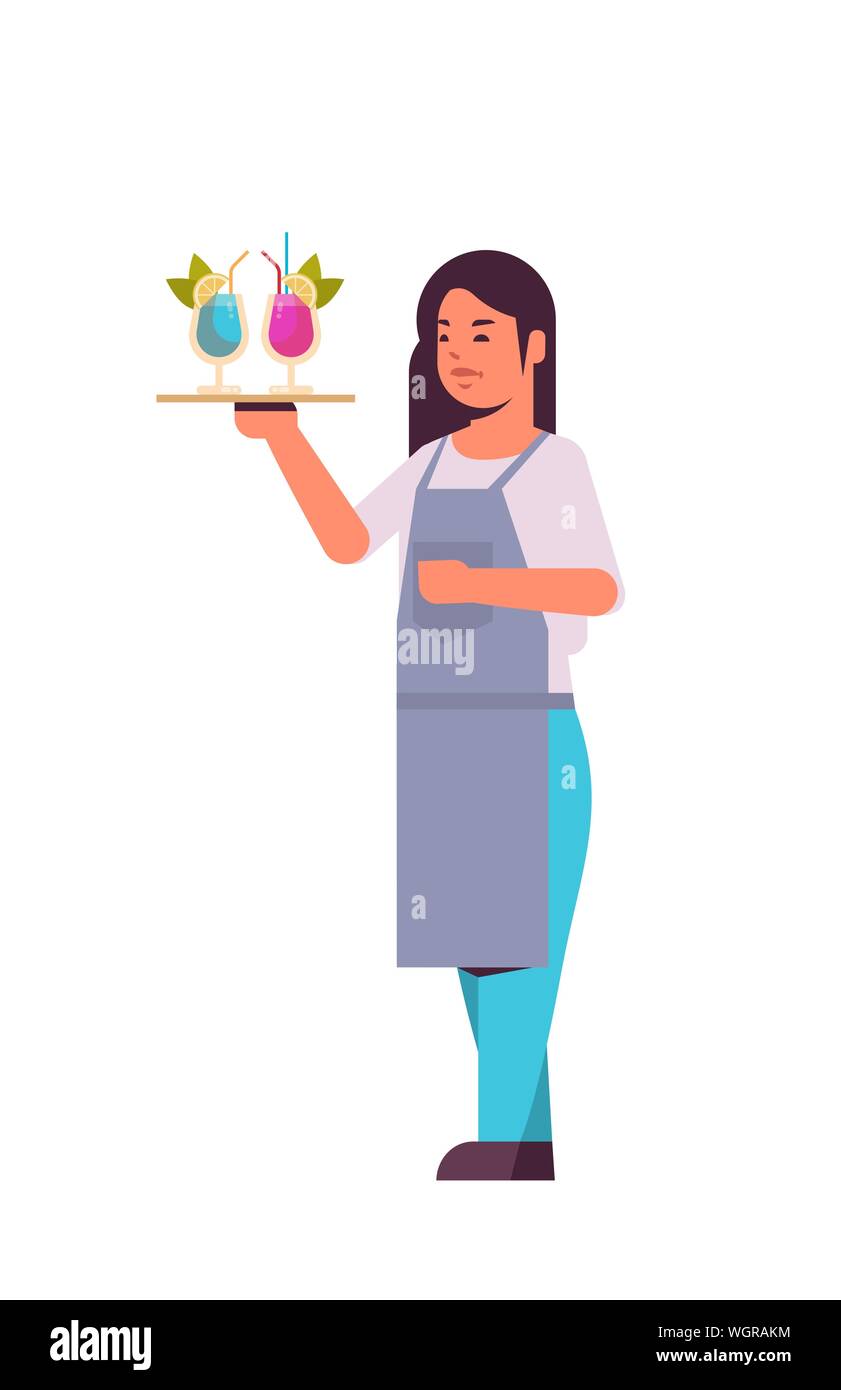Professional Waitress Holding Serving Tray With Cocktails Woman