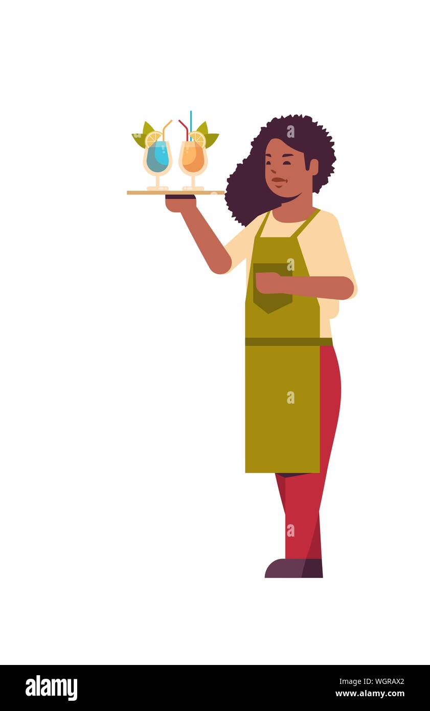 Professional Waitress Holding Serving Tray With Cocktails African