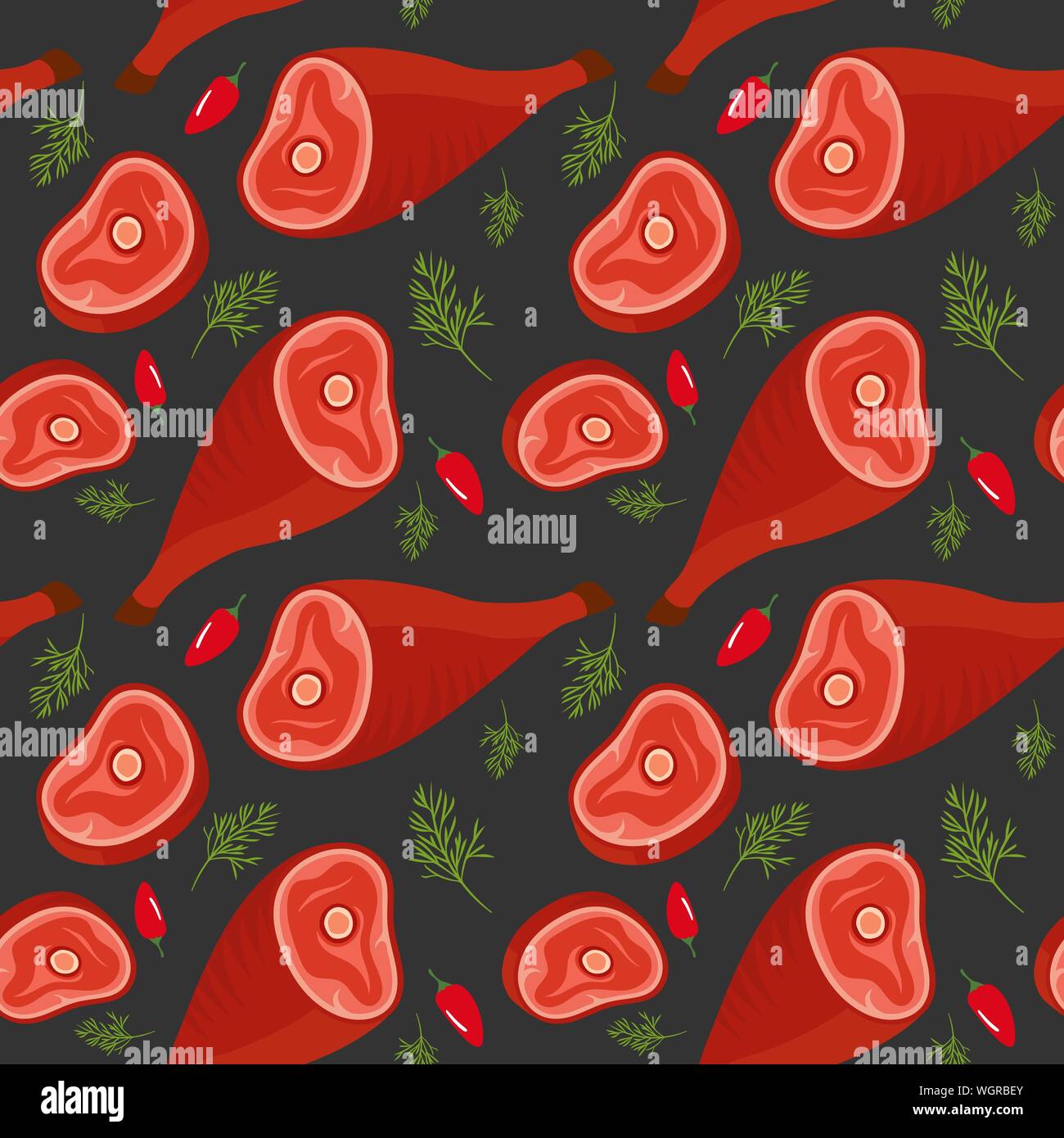 Seamless pattern on dark background with gammon and steak on the bone ...