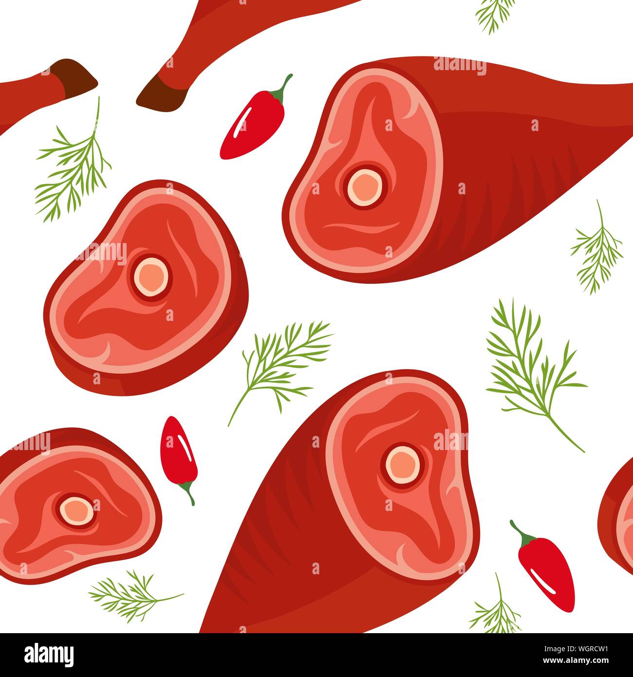 Seamless pattern on white background with gammon and steak on the bone ...