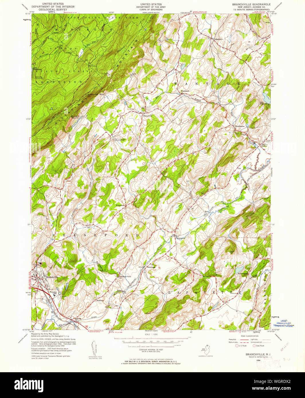USGS TOPO Map New Jersey NJ Branchville 254166 1954 24000 Restoration ...