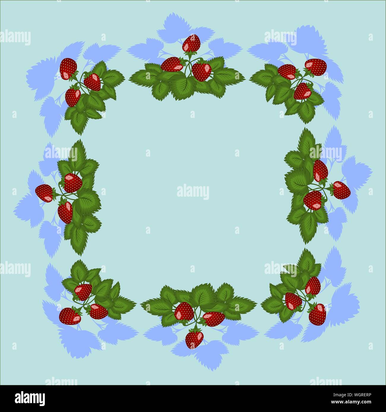 Strawberry bush with red berries and white flowers on a blue background ...