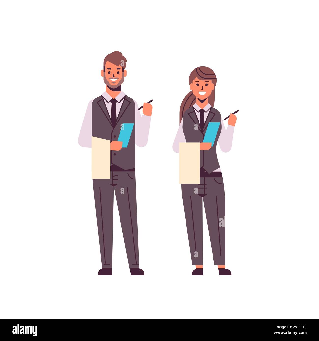 professional waiters couple making notes man woman restaurant workers ...