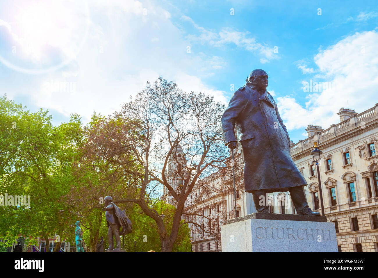 London, UK - May 13 2018: Statue of Winston Churchill at the Parliament ...