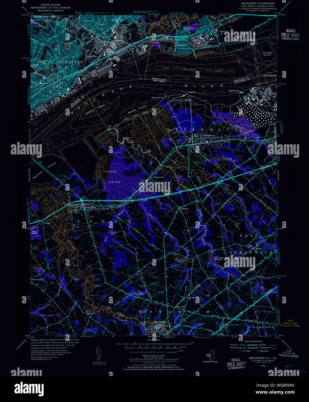 USGS TOPO Map New Jersey NJ Bridgeport 254174 1953 24000 Inverted ...