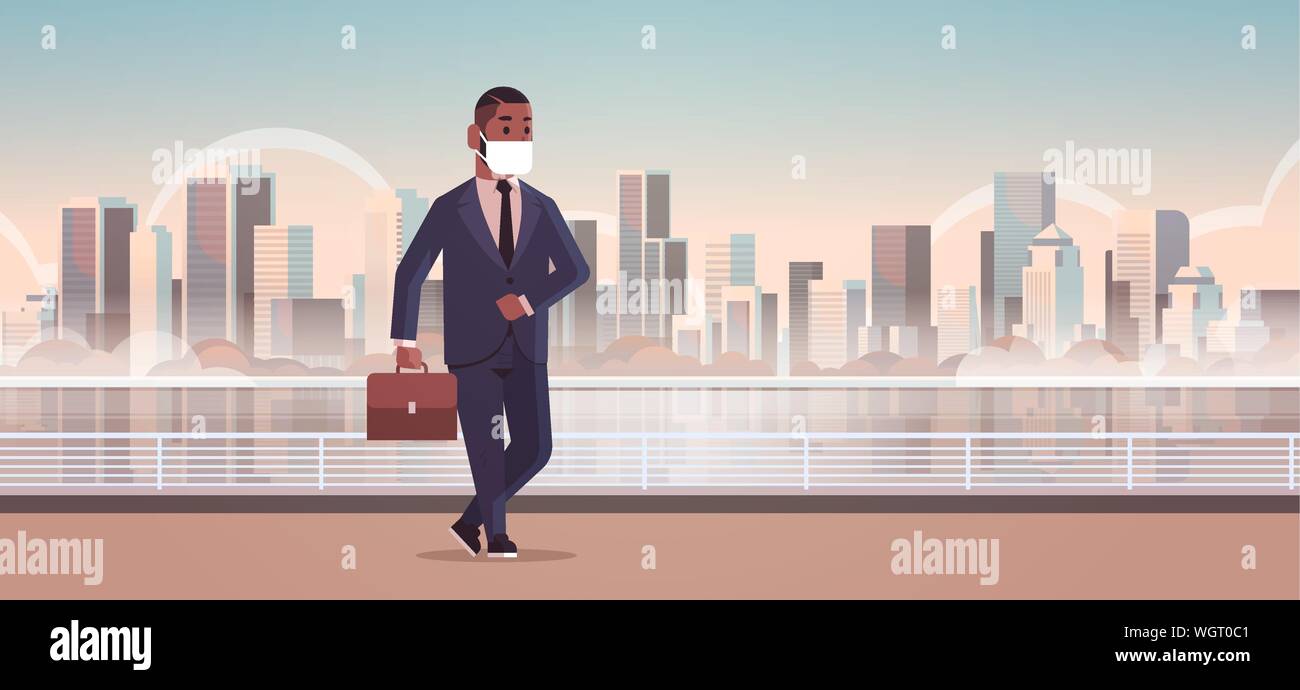 businessman wearing face mask toxic gas air pollution industry smog ...