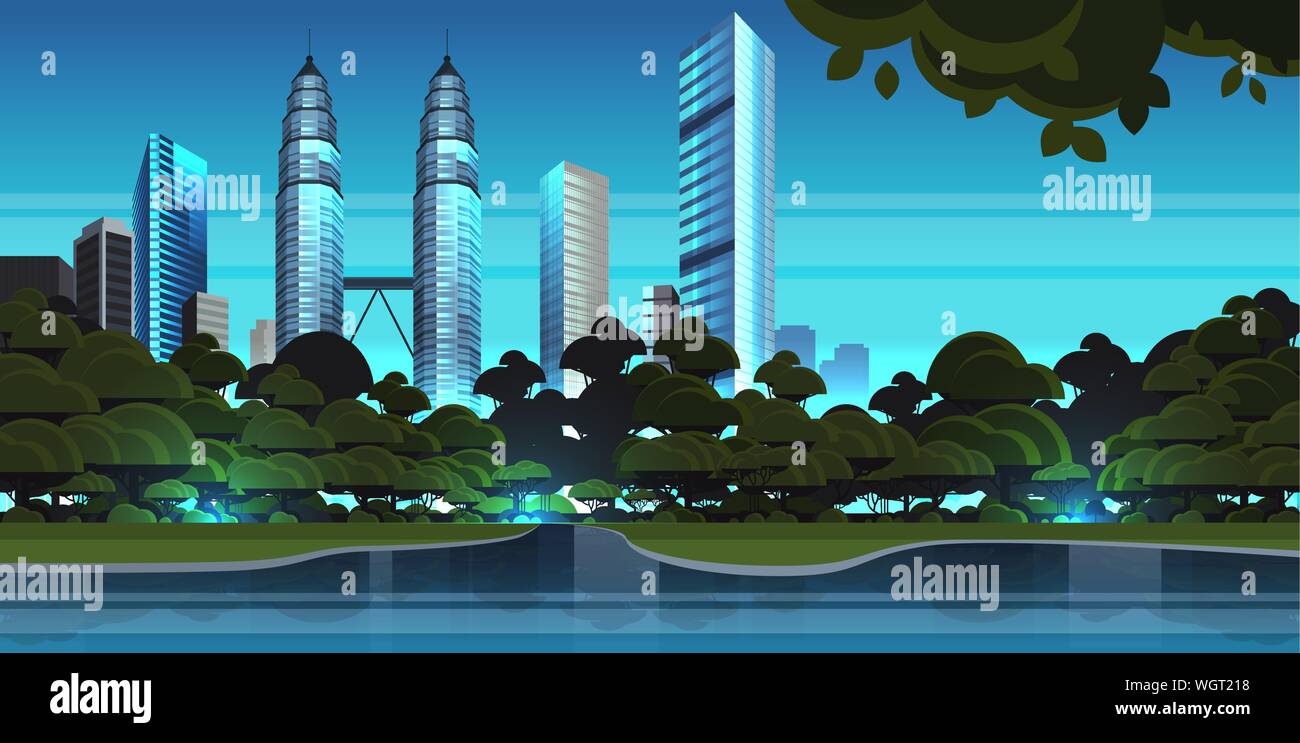 beautiful night city panorama skyline high skyscrapers waterfront view ...