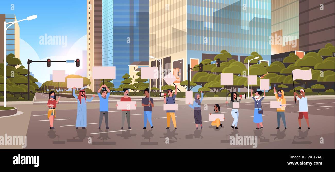 people protesters holding blank placards men women activists with empty ...