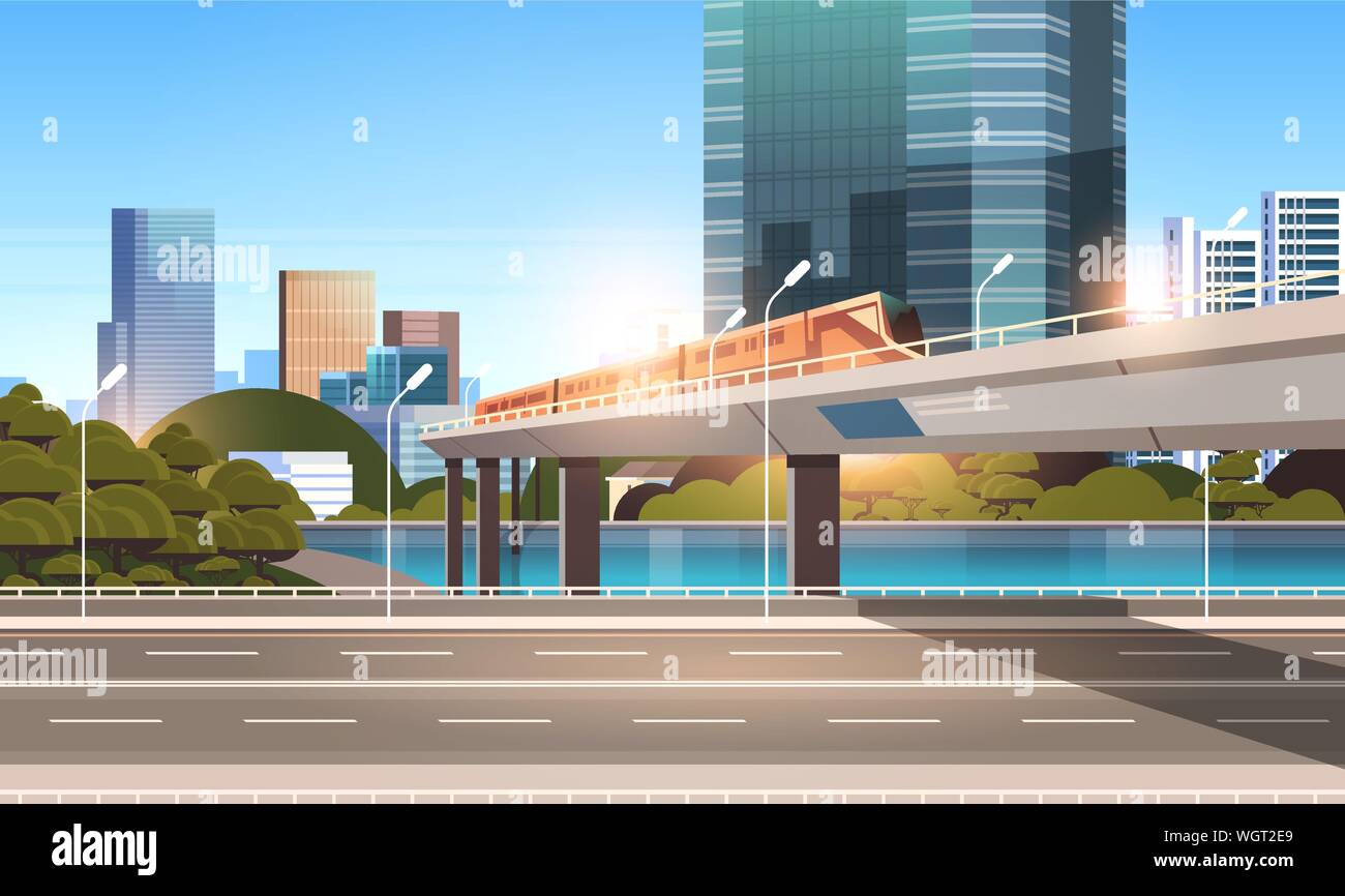 highway road city street with modern skyscrapers train on railway ...