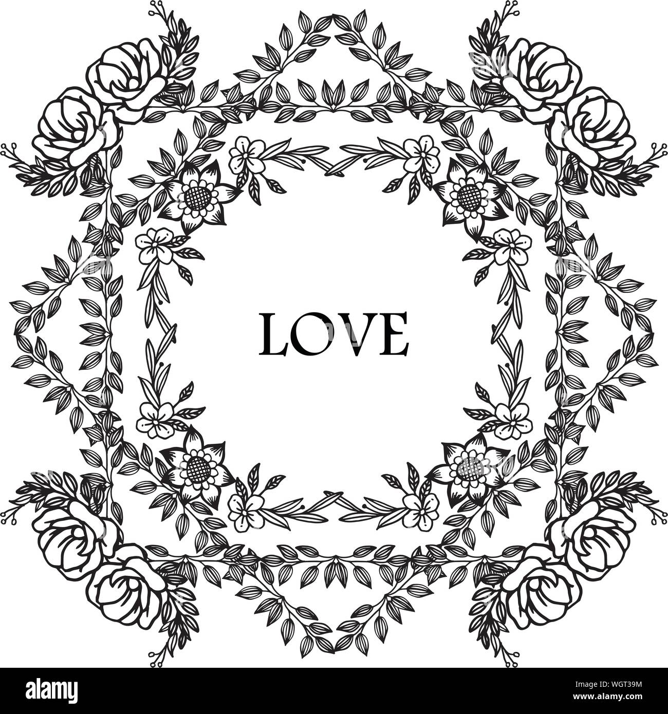 Template of card love, with plant of leaves and wreath frame. Vector ...