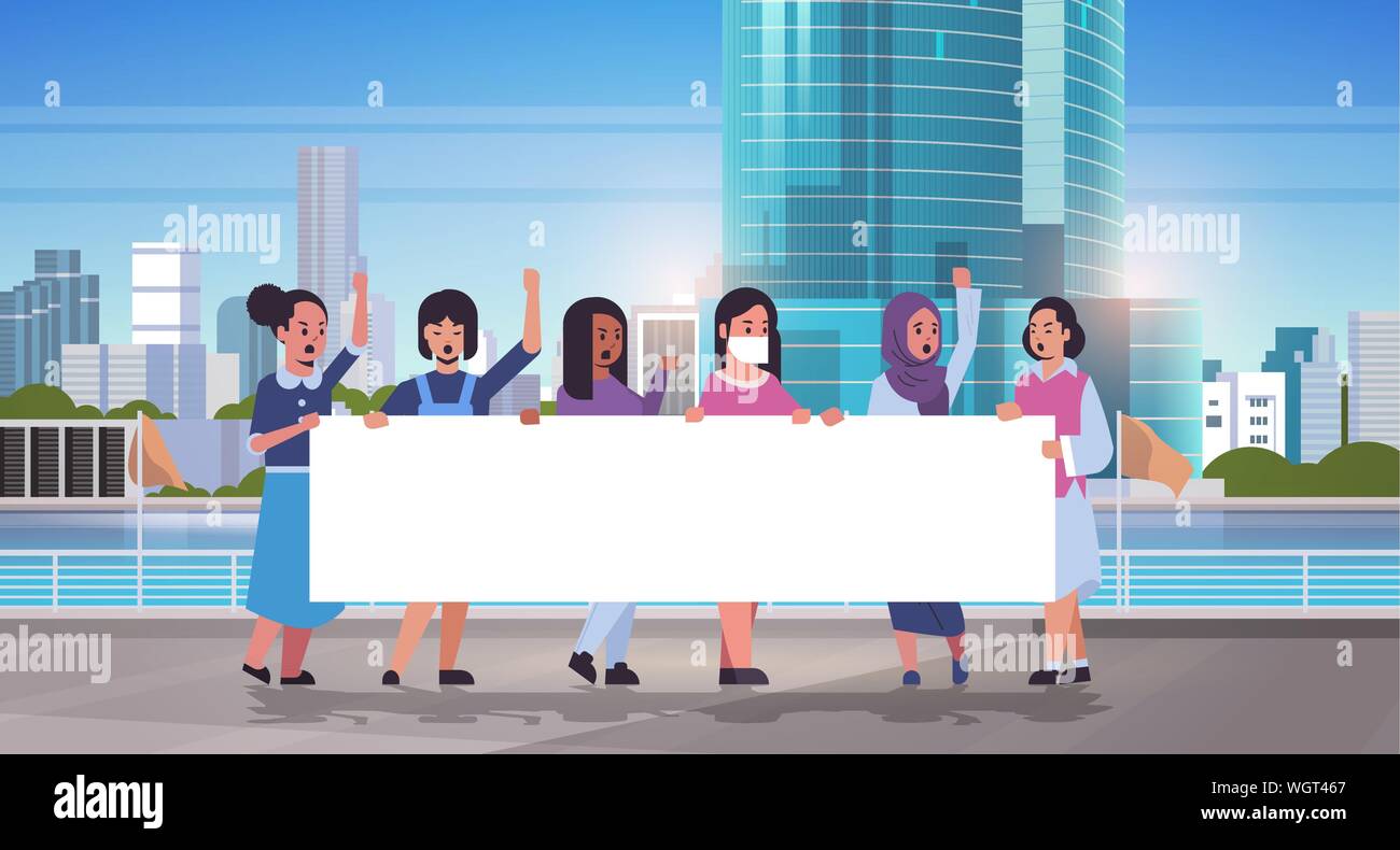 Women Protesters Holding Blank Placard Mix Race Girls Activists With