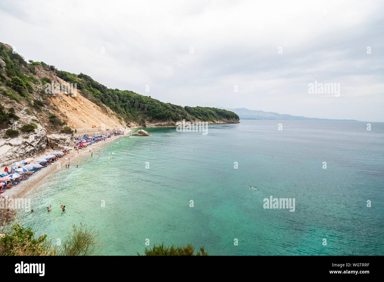 Sarande, Albania - July 2019: View of Pulebardha beach (Seagull beach ...