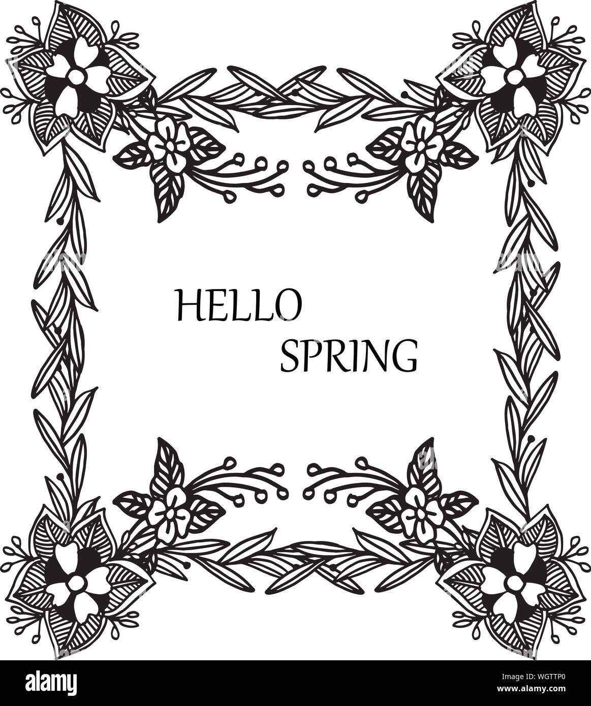 Hello spring text with element leaves and floral frame. Vector Stock ...