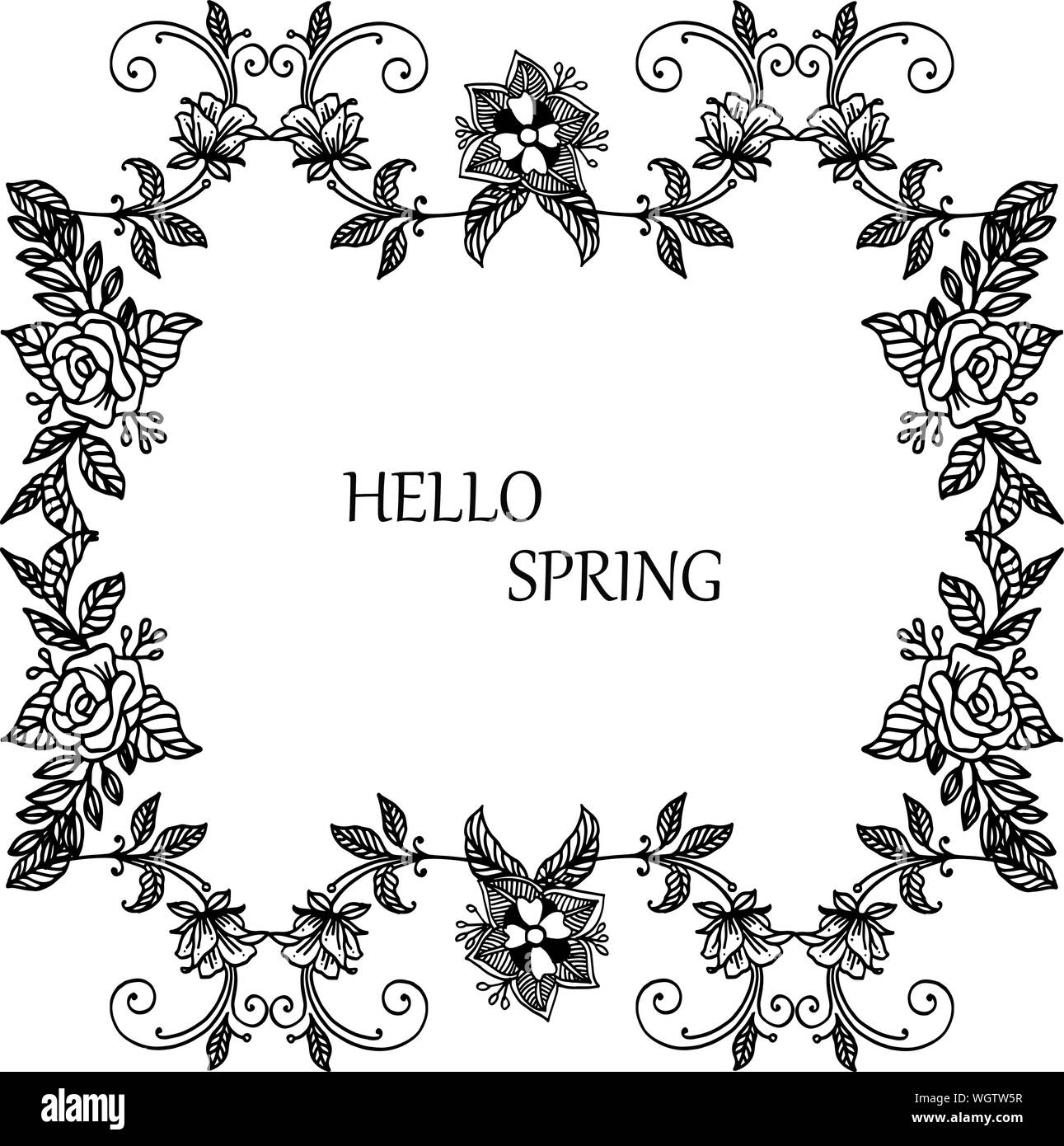 Hello spring text with element leaves and floral frame. Vector Stock ...