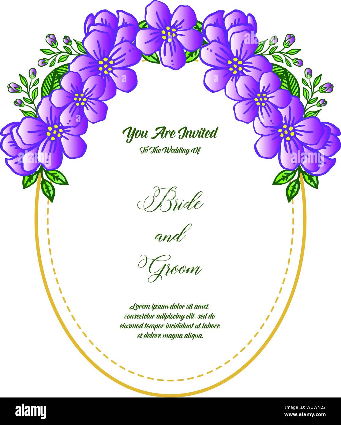 Wedding card for bride and groom, with crowd of cute purple flower ...
