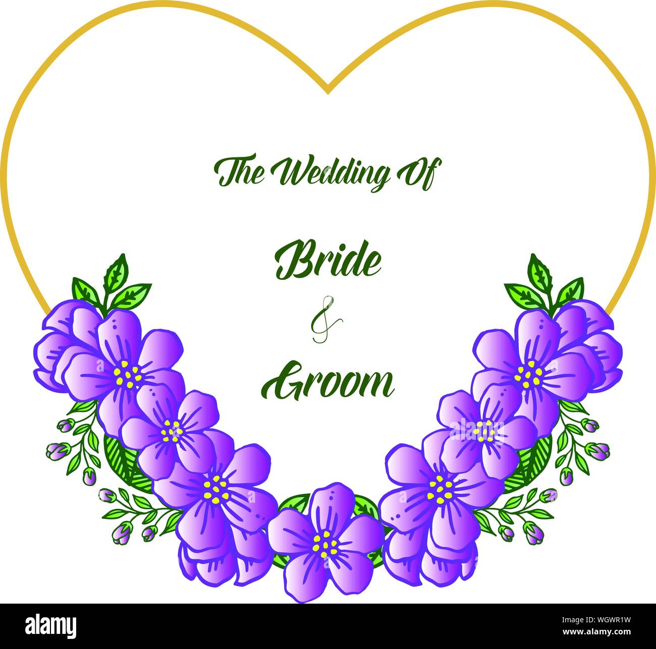 Wedding card for bride and groom, with crowd of cute purple flower ...