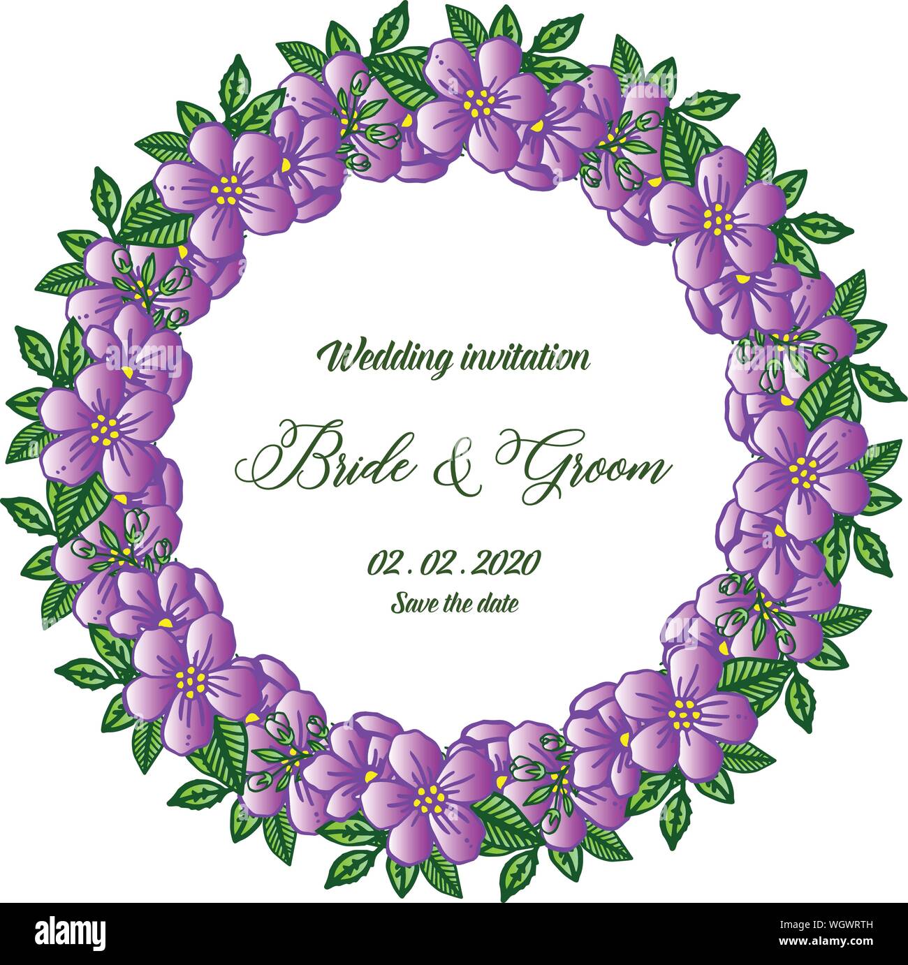 Wedding card for bride and groom, with crowd of cute purple flower ...