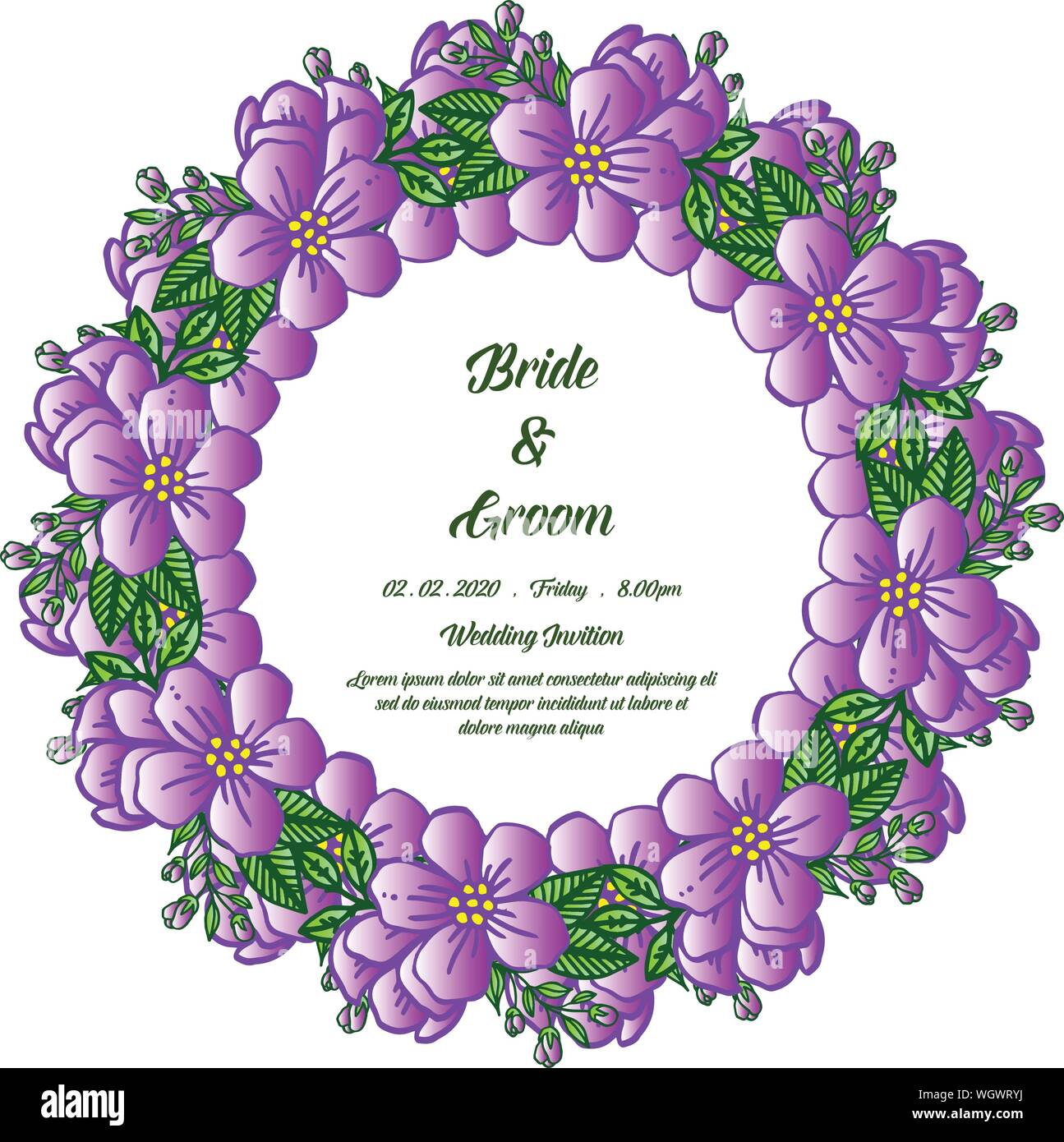 Wedding card for bride and groom, with crowd of cute purple flower ...