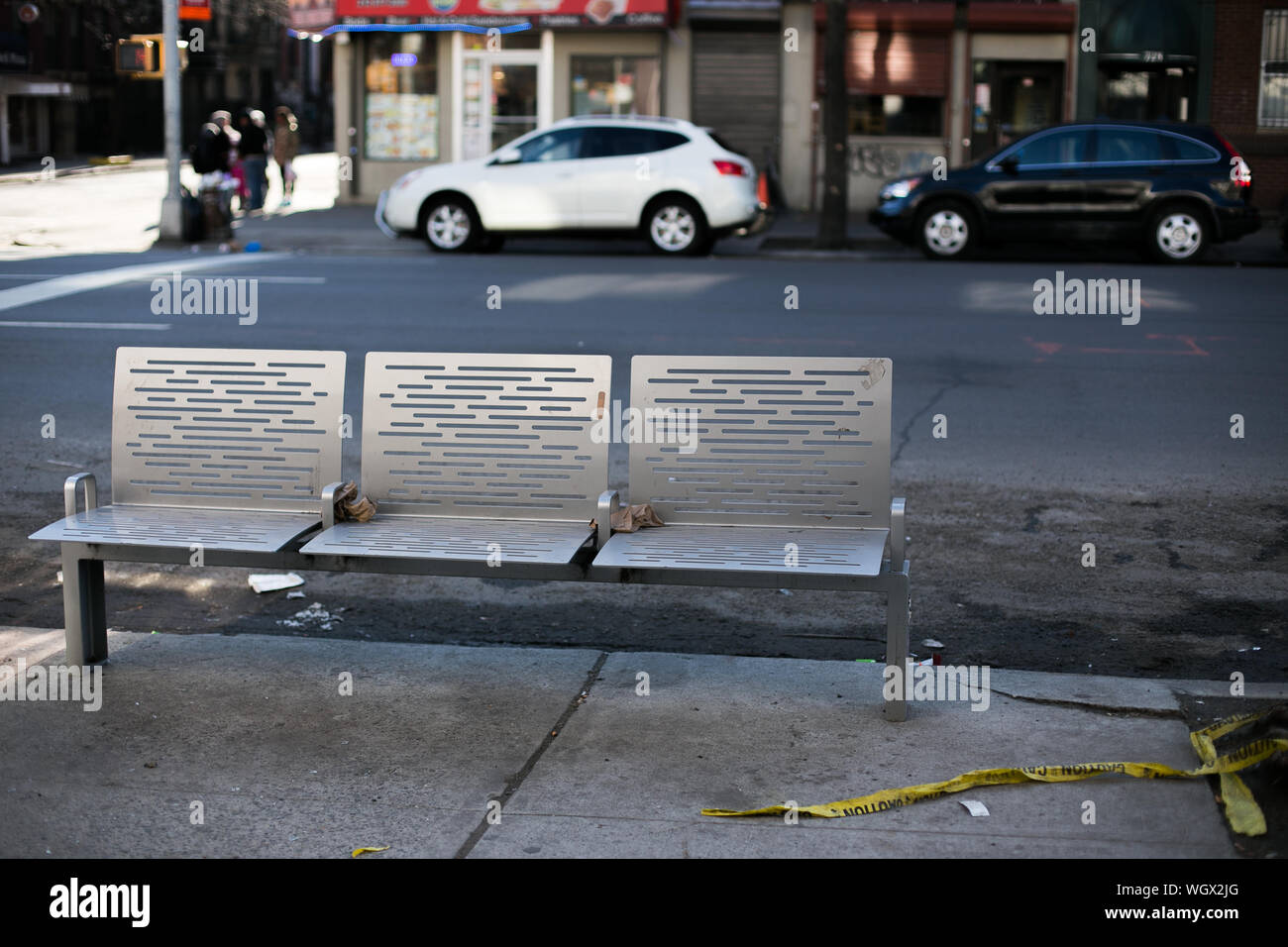 Empty Metallic Bench On Street Stock Photo - Alamy