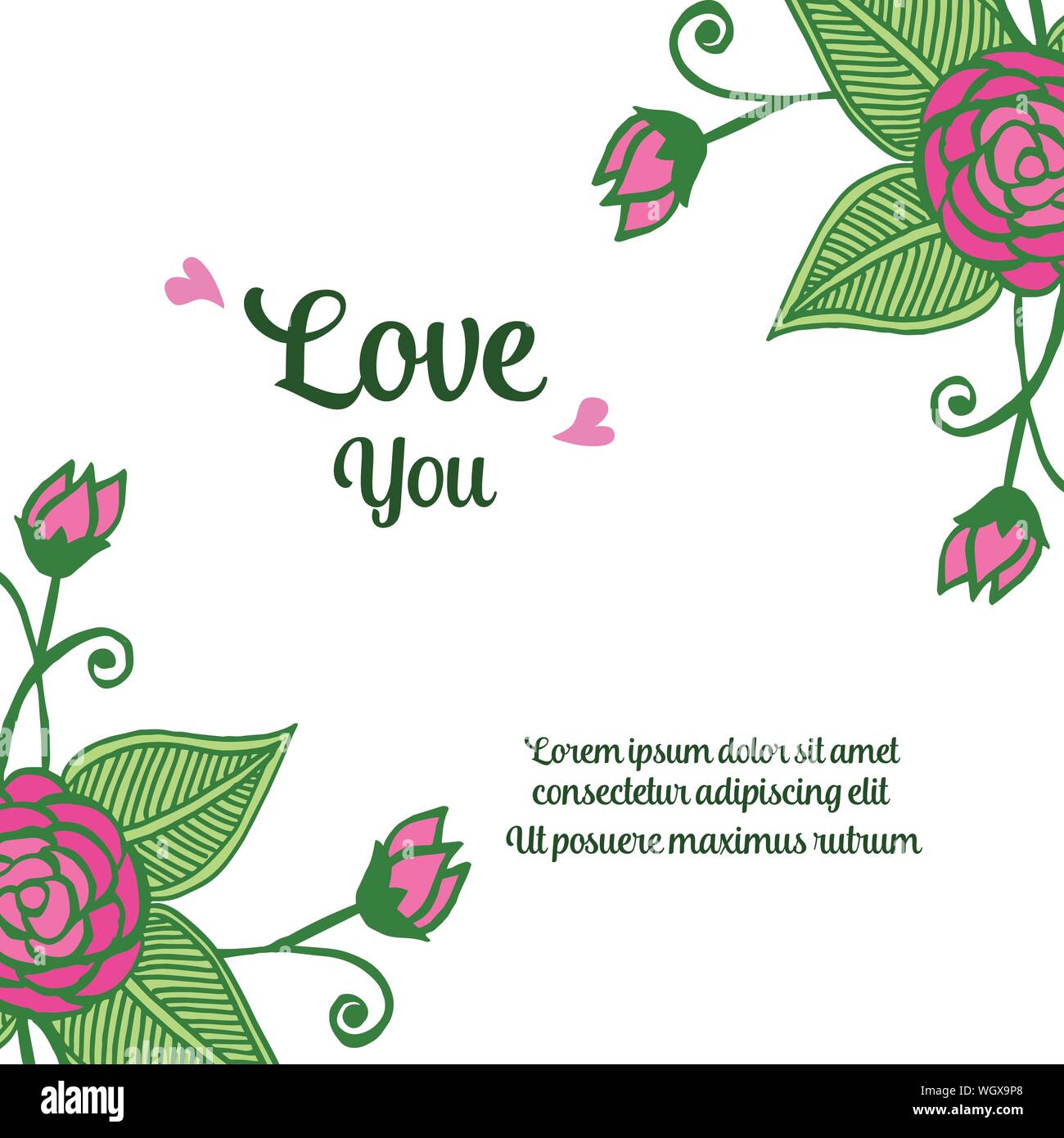 Border of frame with shape rose pink flower, for greeting card love you ...
