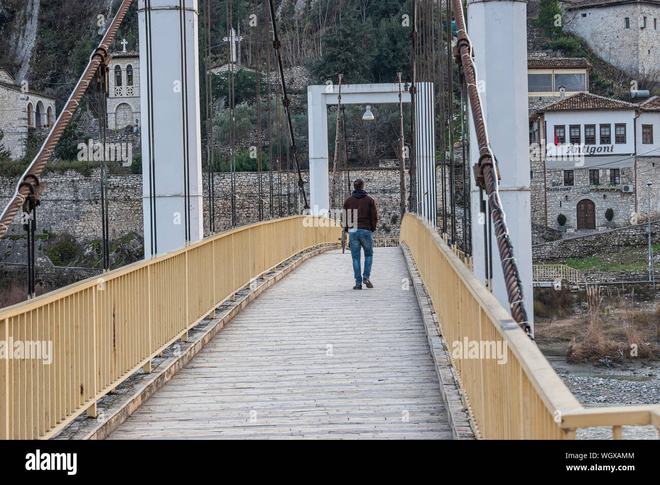 Berat, Albania - January 2019: Pedestrian Crossing Suspension bridge ...