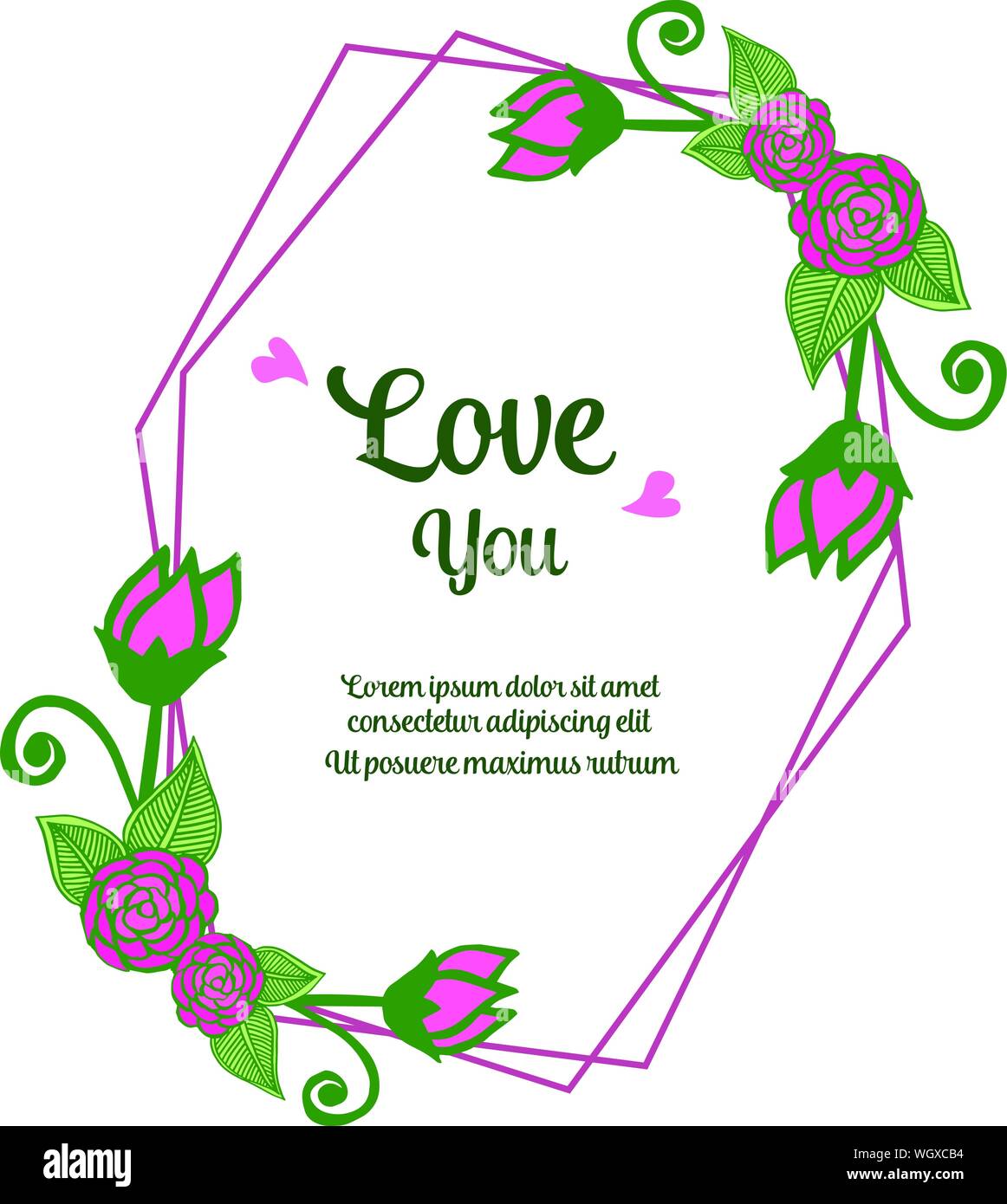 Cute rose pink wreath frame, for invitation card love you. Vector Stock ...