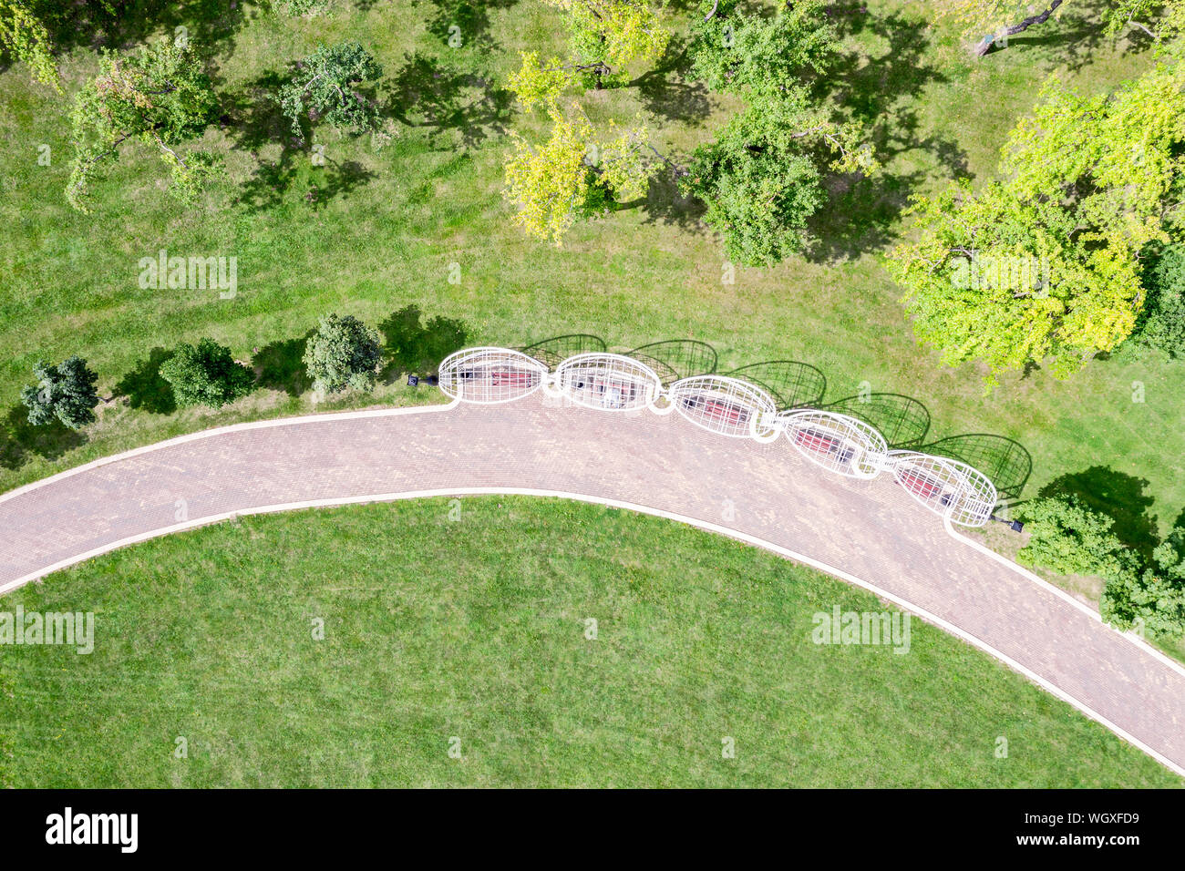 park landscape in summer time with trees, green lawn, benches and ...