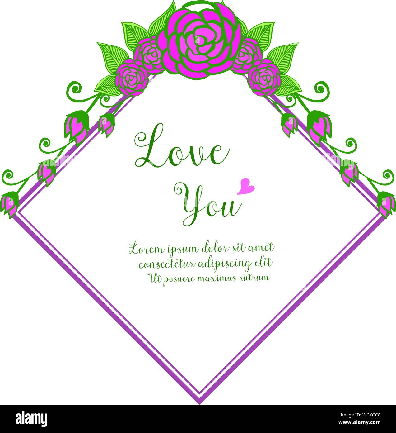 Romantic card for text love you, with style of modern rose wreath frame ...