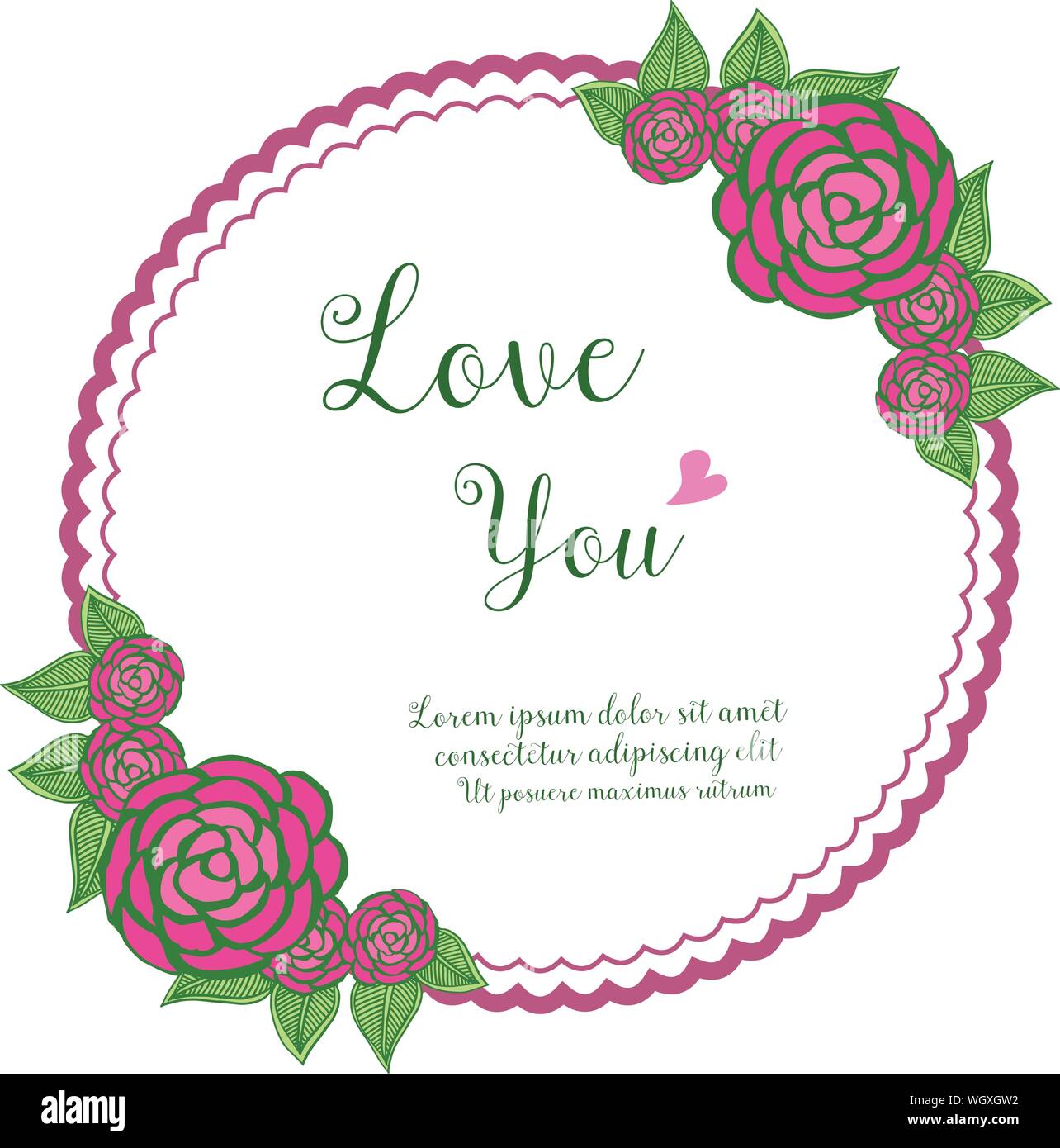 Romantic card for text love you, with style of modern rose wreath frame ...