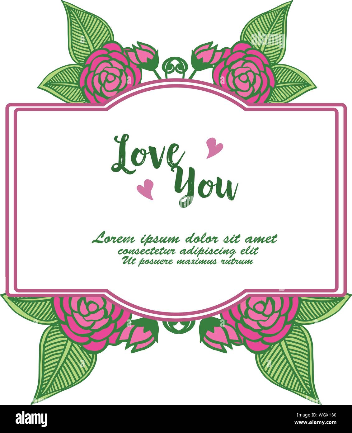 Romantic card for text love you, with style of modern rose wreath frame ...