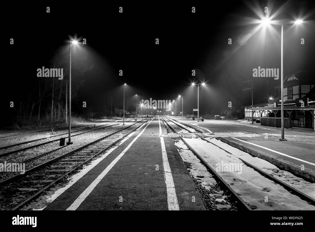 Empty railroad station night architecture Black and White Stock Photos ...