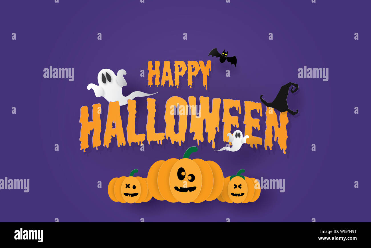 Happy Halloween, Ghosts bats spider and pumpkins, Paper layer cut ...