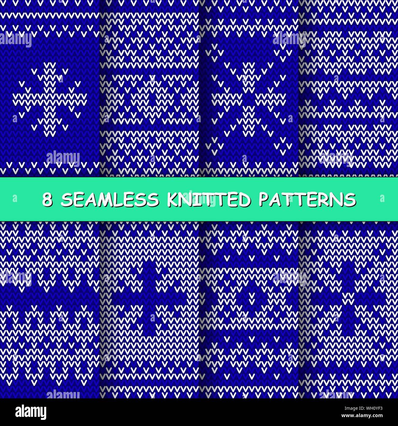 Set with seamless winter patterns. Blue and white knitted christmas ...
