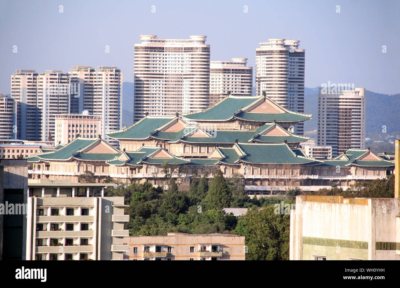 Aerial view of Pyongyang, roof of Great People's Study House and houses ...