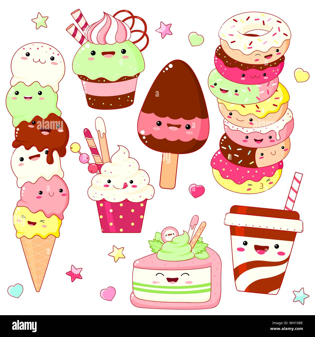 Set of cute sweet icons in kawaii style with smiling face and pink ...